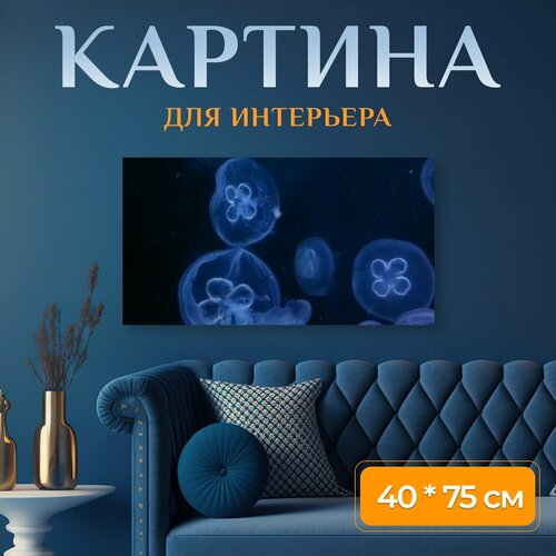 Картина на холсте "Медуза, синий, луна" на подрамнике 75х40 см. для интерьера