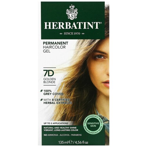 Herbatint permanent hair color gel, 7D золотой блонд, 135 мл