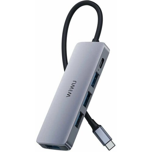 USB Хаб WiWU Alpha 541BC 5 в 1 Type C to 3 x USB 3.0 + USB 2.0 + Type C PD 60 Вт, серый