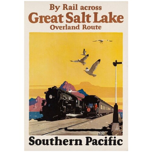 Постер / Плакат / Картина Поезда - Железная дорога через большое соленое озеро 50х70 см в раме