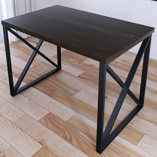 Стол кухонный Loft со столешницей цвета темного дуба из массива сосны 40 мм и черными металлическими крестообразными ножками, 90х70х75 см