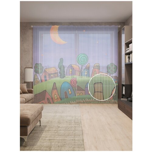 Тюль вуаль на шторной ленте с принтом "Милый городок" для гостиной, зала, кухни, спальни, детской, 310х265 см; Фиолетовый, зеленый, оранжевый