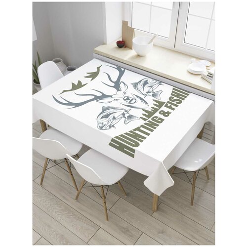 Скатерть прямоугольная JoyArty на кухонный стол "Общество рыбаков и охотников" из оксфорда, 120x145 см