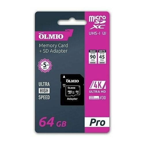 SD - SECURE DIGITAL OLMIO Карта памяти microSDXC 64GB UHS-I U3 V30 c адаптером (39600)