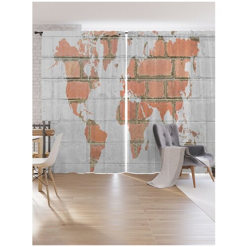 Шторы под лён JoyArty "Карта мира на стене", серия Oxford DeLux, 340х265 см