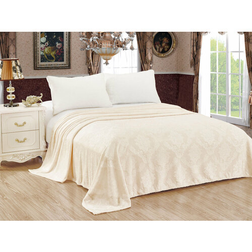 Плед 180х200 2-спальный Cleo Parma сливочный беж, покрывало на кровать и диван пушистое с рисунком, велсофт