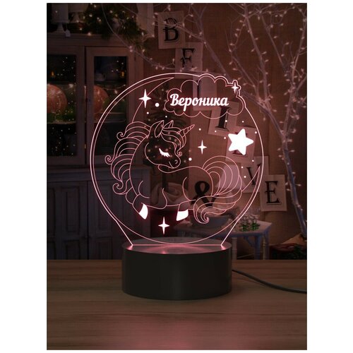 Ночник детский Единорог Вероника Light Inside (именной подарок девочке) / светодиодный 3d светильник в детскую комнату