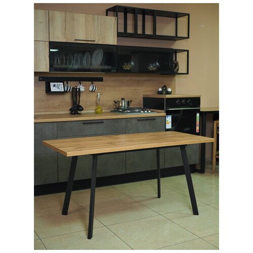 Стол кухонный раздвижной Фин, ЛДСП Дуб вотан на чёрных опорах, 120/152х70х75 см.
