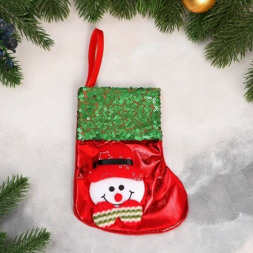 Носок для подарков "Снеговик блеск снежинка" 13х16 см красно-зелёный