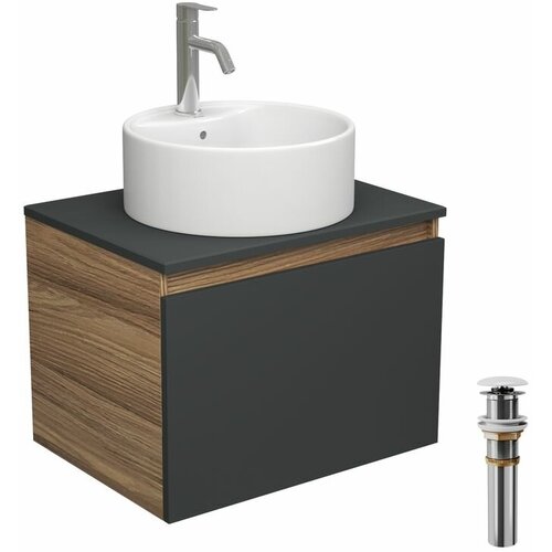 Комплект для ванной, 4 предмета (тумба Bau 60, графит + раковина BAU D40, с отв. под смеситель + смеситель Dream, выпуск клик-клак, белый)