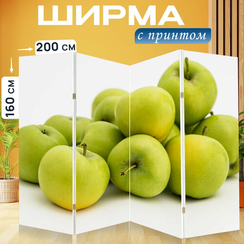 Ширма перегородка с принтом "Яблоко, фрукты, зеленый" на холсте - 200x160 см. для зонирования, раскладная