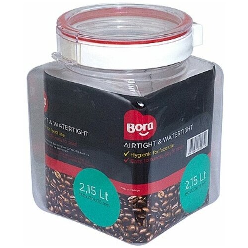 Герметичный контейнер BORA для сыпучих продуктов, 2.15л, ДхШхВ 130х120х175 мм, с крышкой, красная полоса, для кофе, орехов, пластиковый