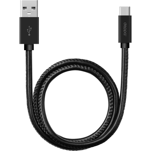 Кабель Leather USB - Type-C, алюминий/экокожа, 1.2м, черный