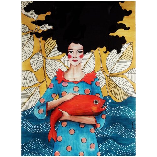 Постер / Плакат / Картина Девушка с рыбой 40х50 см в раме