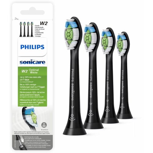 W2 Сменная черная насадка для электрической зубной щетки Philips Sonicare Optimal HX6064-95 для отбеливания эмали, черная, Black, 4 шт
