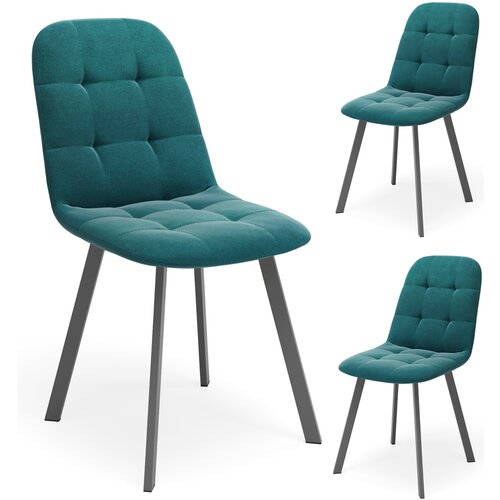 Комплект мягких стульев со спинкой для кухни 3 шт, зеленовато-синий велюр, каркас серый