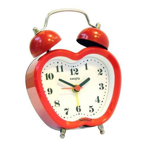 Классический детский настольный будильник MIRRON 8809 КР/Часы в спальню/Будильник в форме яблока/Часы для детской/Яркий красный цвет/Будильник с колокольчиками