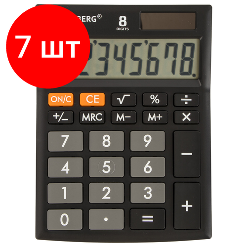 Комплект 7 шт, Калькулятор настольный BRAUBERG ULTRA-08-BK, компактный (154x115 мм), 8 разрядов, двойное питание, черный, 250507