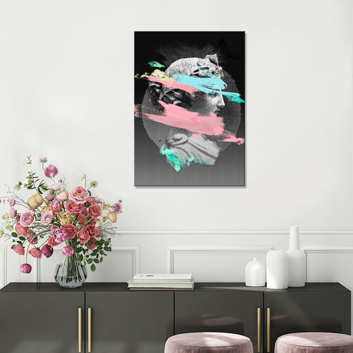 Интерьерная картина на холсте - Скульптура девушки голубая и розовые полосы краскИ30х40