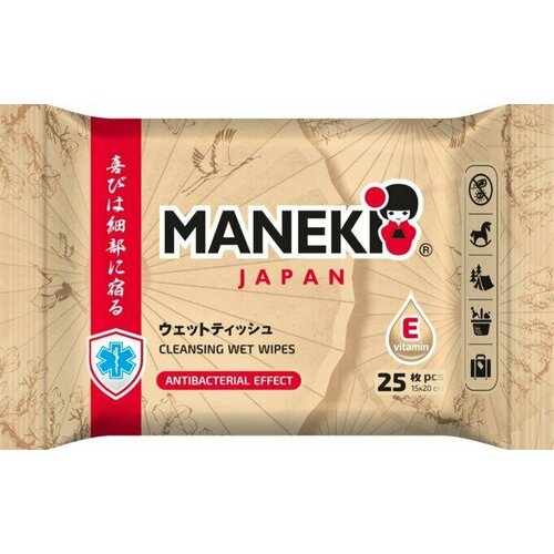Maneki Kabi Салфетки влажные антибактериальные для всей семьи с витамином Е и увлажняющим лосьоном 25 шт