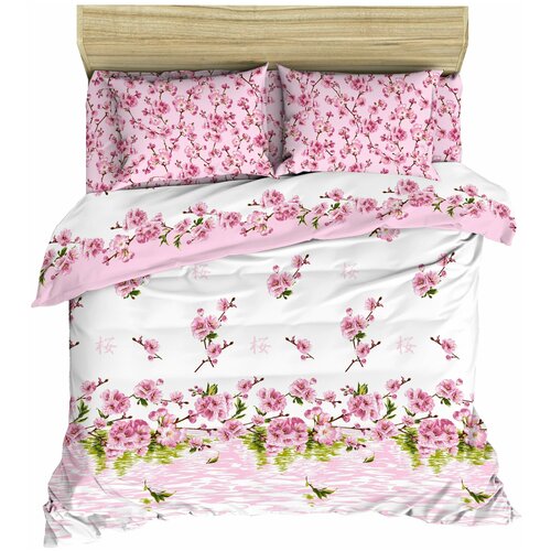 Комплект постельного белья Василиса Цветение персика, 2-спальное с европростыней, бязь, розовый