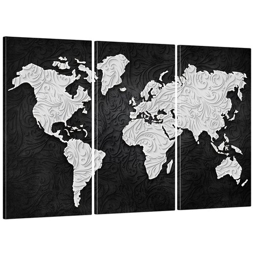 Модульная картина на стену, для интерьера "Карта мира с черно_белым узором" 100x60 см