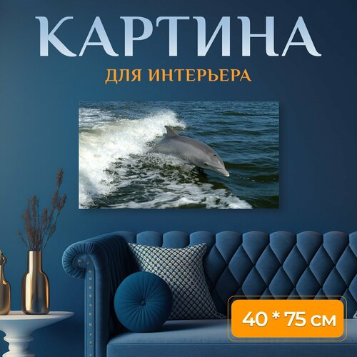 Картина на холсте "Дельфин, океан, волны" на подрамнике 75х40 см. для интерьера
