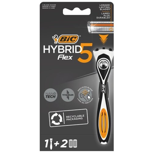 Мужская бритва 5 лезвий BIC Hybrid 5 Flex с плавающей головкой бритвенный станок для мужчин + 2 сменные кассеты с Алоэ Вера и витамином Е