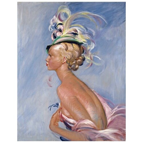 Репродукция на холсте Элегантная дама в шляпке с перьями Домерг Жан-Габриэль 40см. x 51см.