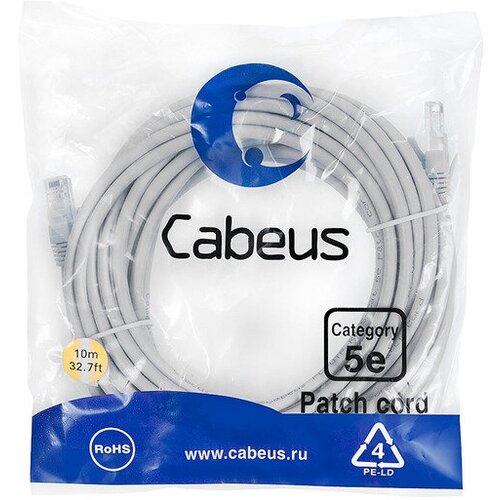 Cabeus PC-UTP-RJ45-Cat.5e-10m Патч-корд U/UTP, категория 5е, 2xRJ45/8p8c, неэкранированный, серый, PVC, 10м