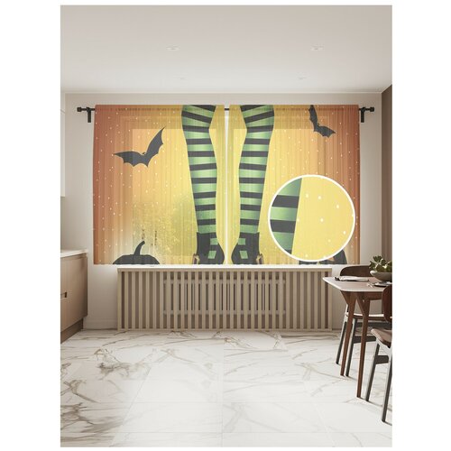 Тюль для кухни и спальни JoyArty "Ведьмин наряд", 2 полотна со шторной лентой шириной по 145 см, высота 180 см.