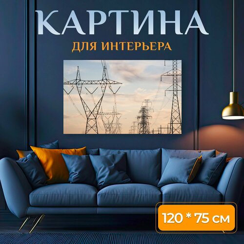 Картина на холсте "Линии электропередач, электричество, заход солнца" на подрамнике 120х75 см. для интерьера