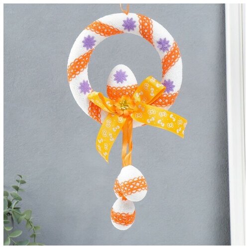 --- Декор пасхальный подвеска "Веночек - яйцо с бантиком и цветком" оранжевый 16 см
