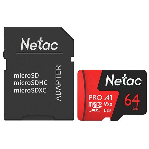 Карта памяти 64Gb - Netac P500 Extreme Pro MicroSDXC Class 10 A1 V30 NT02P500PRO-064G-R с переходником под SD (Оригинальная!)