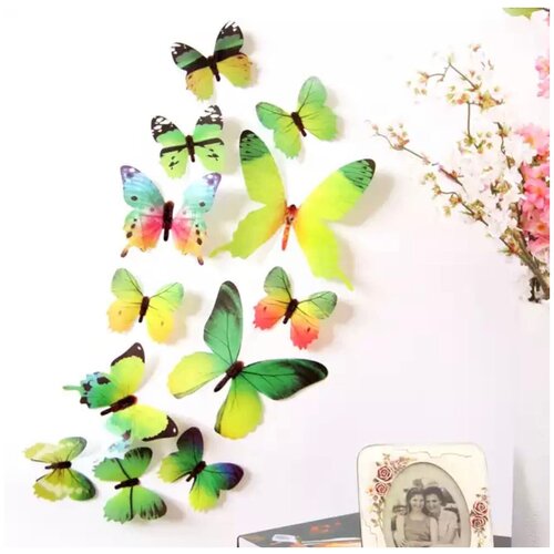 12 шт. бабочки наклейки на стену/ Украшения дома/ 3D бабочка самоклеящиеся наклейки/Цвет зеленый
