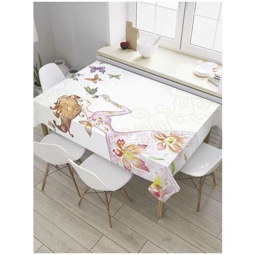 Скатерть прямоугольная JoyArty на кухонный стол "Бабочки и девушка" из оксфорда, 180x145 см