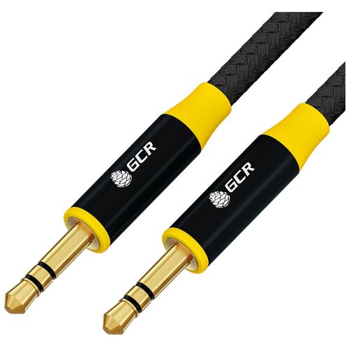 GCR Кабель 1.0m аудио jack 3.5mm/jack 3.5mm черный нейлон, GOLD, AL case черный, желтая окантовка, M/M
