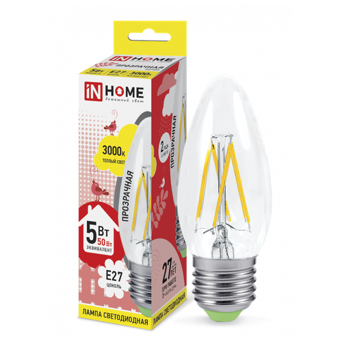 Лампа светодиодная IN HOME LED-свеча-deco, E27, C35, 5 Вт, 3000 К