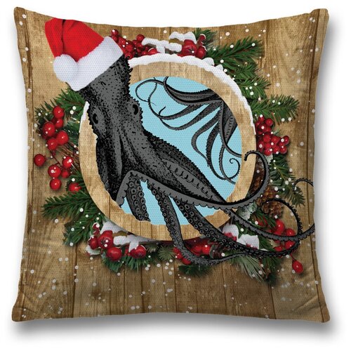 Наволочка декоративная на молнии, чехол на подушку JoyArty "Осьминог в рождественском венке" 45х45 см
