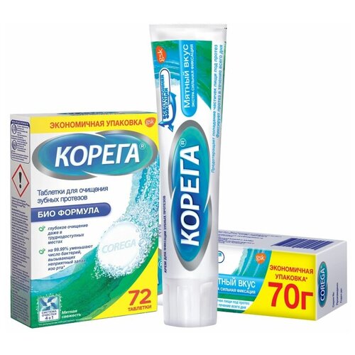 Набор Корега для зубных протезов Таб. для очистки 72шт.+Крем для фиксации экстра сил. мята 70гр.