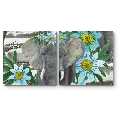Модульная картина Слон, гуляющий среди цветов130x65