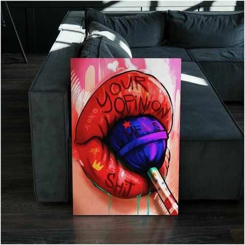 Картина на холсте "Коварное мнение" поп арт для дома и офиса, в гостиную, постер мотивация, губы, чупа-чупс, конфета