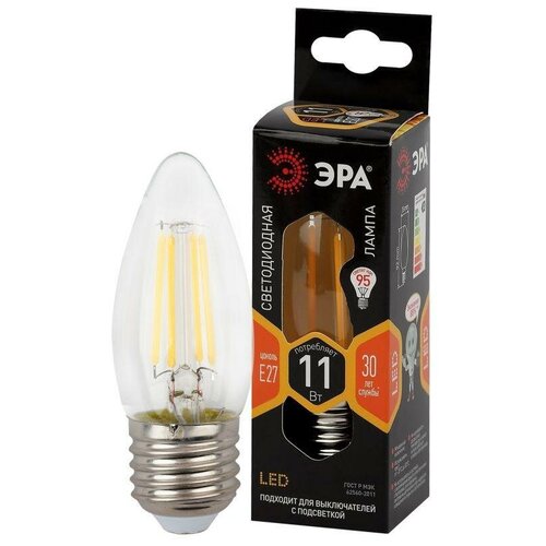 Лампа светодиодная филаментная F-LED B35-11w-827-E27 B35 11Вт свеча E27 тепл. бел. | код. Б0046986 | Эра (25шт. в упак.)