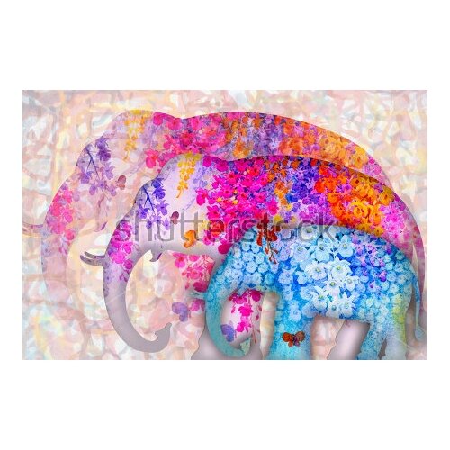 Постер на холсте Яркий коллаж с разноцветными цветами в силуэтах трёх слонов на абстрактном фоне пастельных тонов 60см. x 40см.