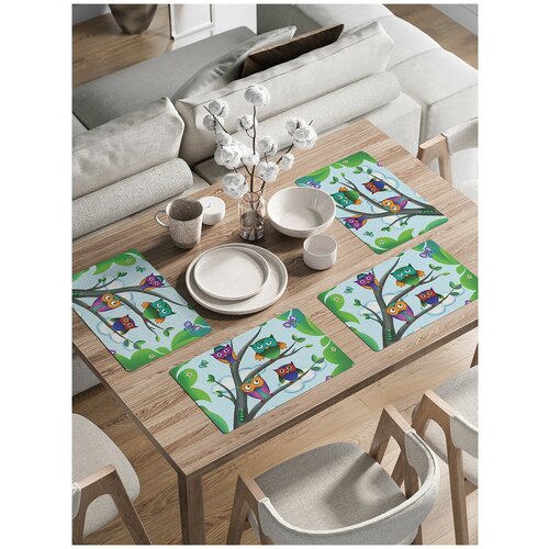 Комплект тканевых салфеток, плейсматов с рисунком JoyArty "Совы на ветках" для сервировки стола, подарочный набор 46x30 см, 4шт.