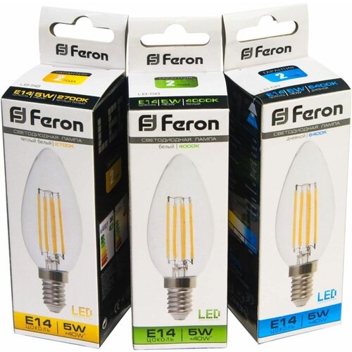 Лампа светодиодная LED 5вт Е14 теплый свеча FILAMENT | код. 25572 | FERON (10шт. в упак.)