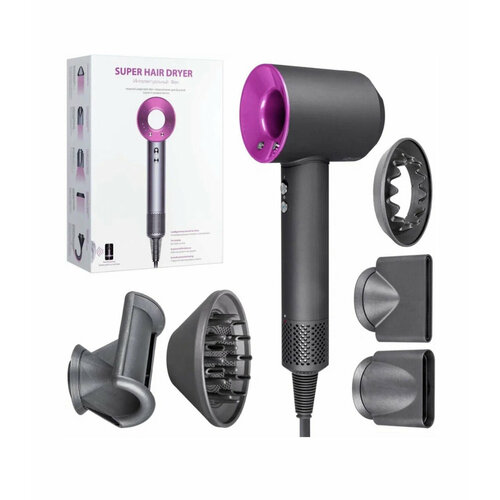 Профессиональный фен для волос Super Hair Dryer 2600 Вт, 3 режима, 5 магнитных насадок, ионизация воздуха , розовый