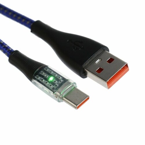 Кабель, 3 А, Type-C - USB, прозрачный, оплётка нейлон, 1 м, синий