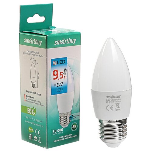 Smartbuy Лампа светодиодная Smartbuy, C37, Е27, 9.5 Вт, 6000 К, холодный белый свет