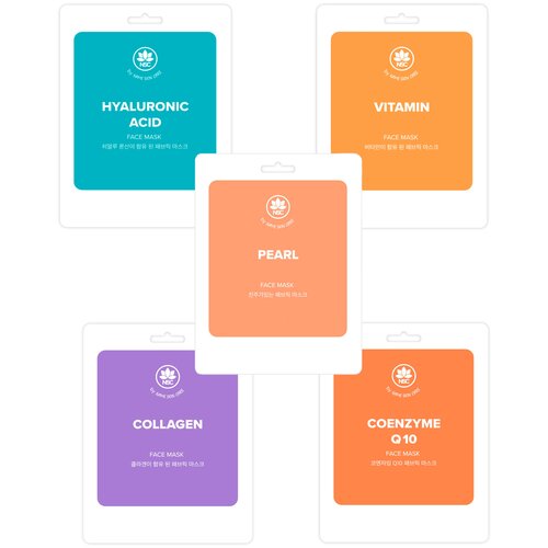NSC набор из 5 тканевых масок: Коллаген, Витамины, Коэнзим Q10, Жемчуг, Гиалуроновая кислота, 5 уп.